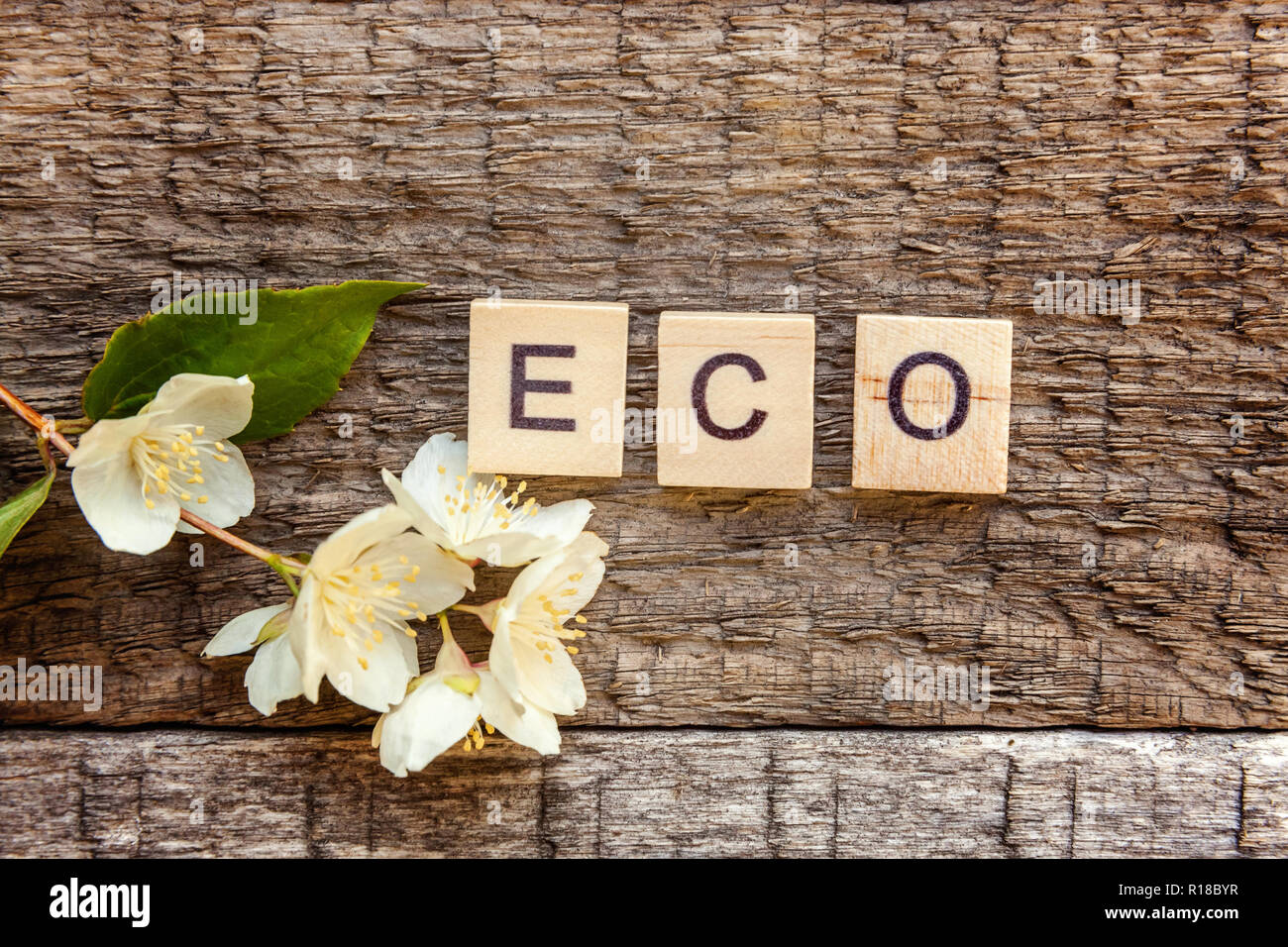 Inscription ECO letters word jasmine flower on old rustic wooden ...