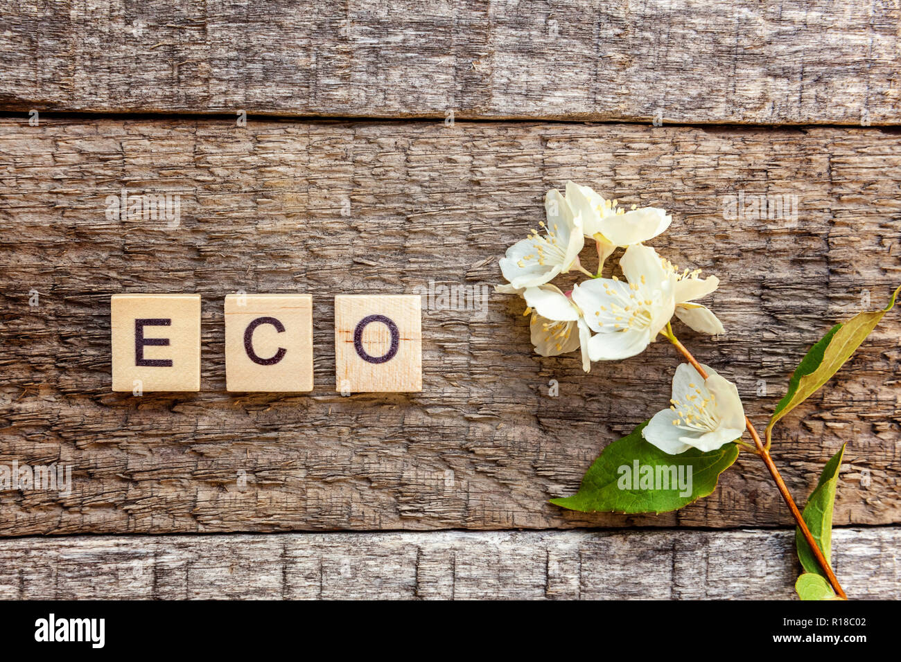 Inscription ECO letters word jasmine flower on old rustic wooden ...