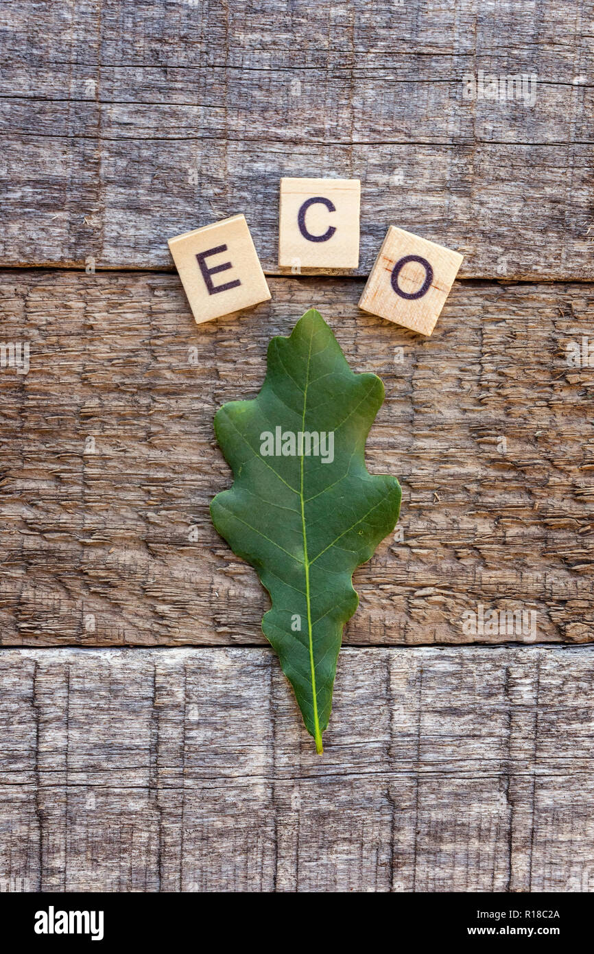 Inscription ECO letters word and oak leaf on old rustic wooden backdrop ...