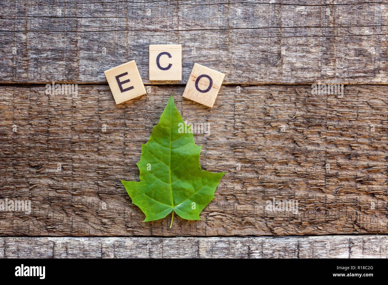 Inscription ECO letters word and maple leaf on old rustic wooden ...