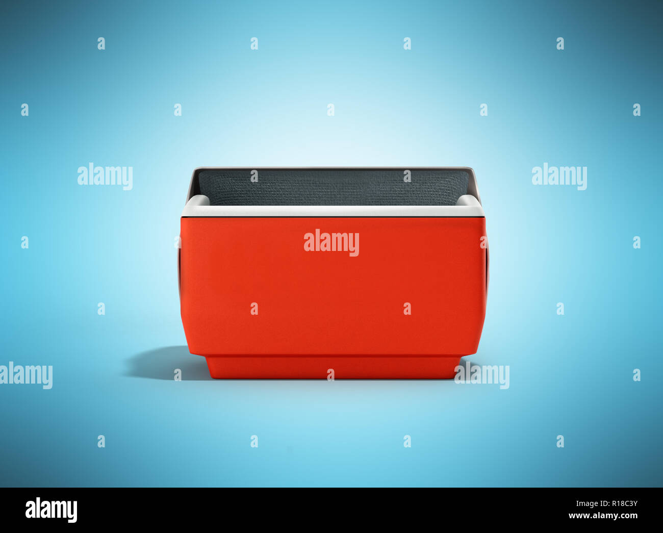 open refrigerator box red 3d render on blue background Stock Photo - Alamy