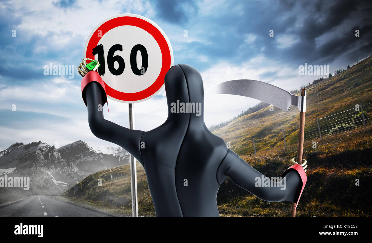 Concept of dangerous excess speed Death drawing a figure on a speed ...