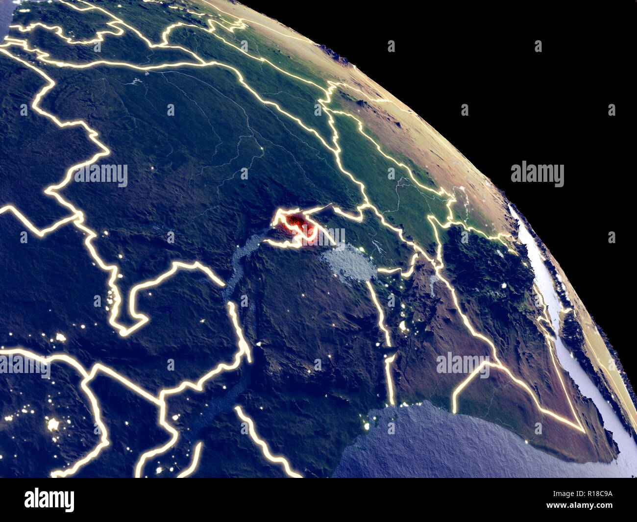 Rwanda at night from orbit. Plastic planet surface with visible city ...