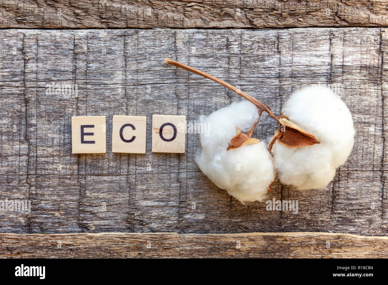 Inscription ECO letters word and cotton flower on old rustic wooden ...