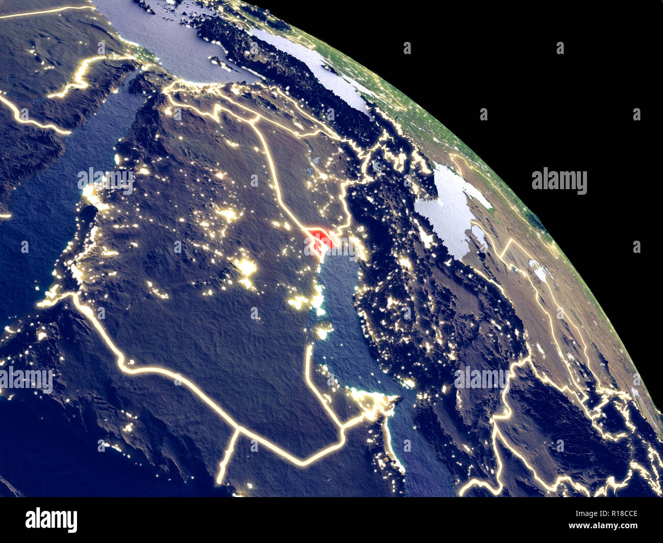 Kuwait at night from orbit. Plastic planet surface with visible city ...