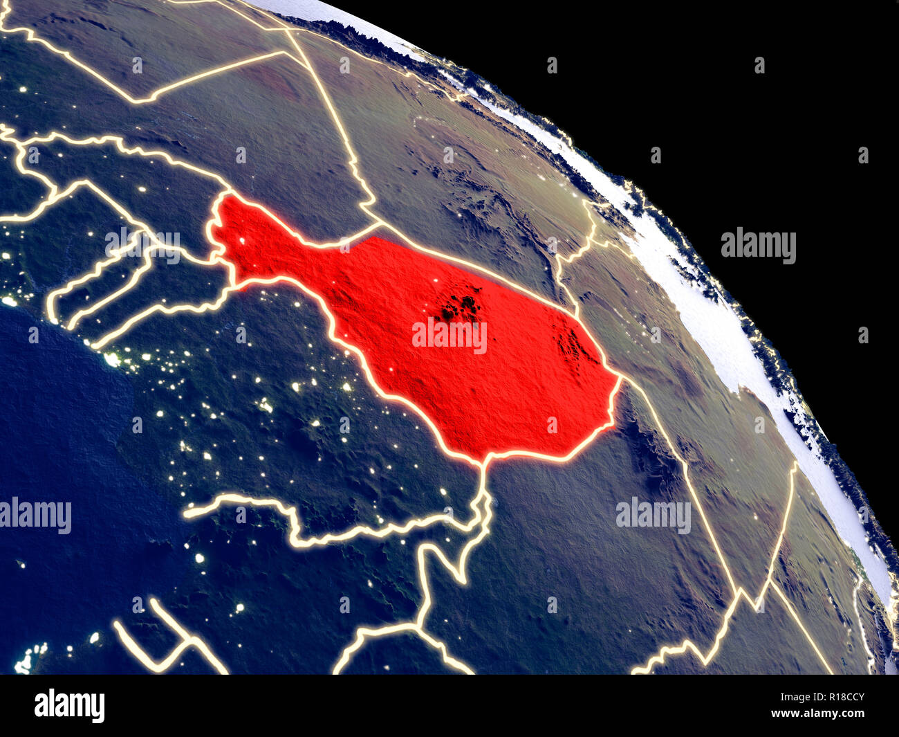 Niger at night from orbit. Plastic planet surface with visible city ...