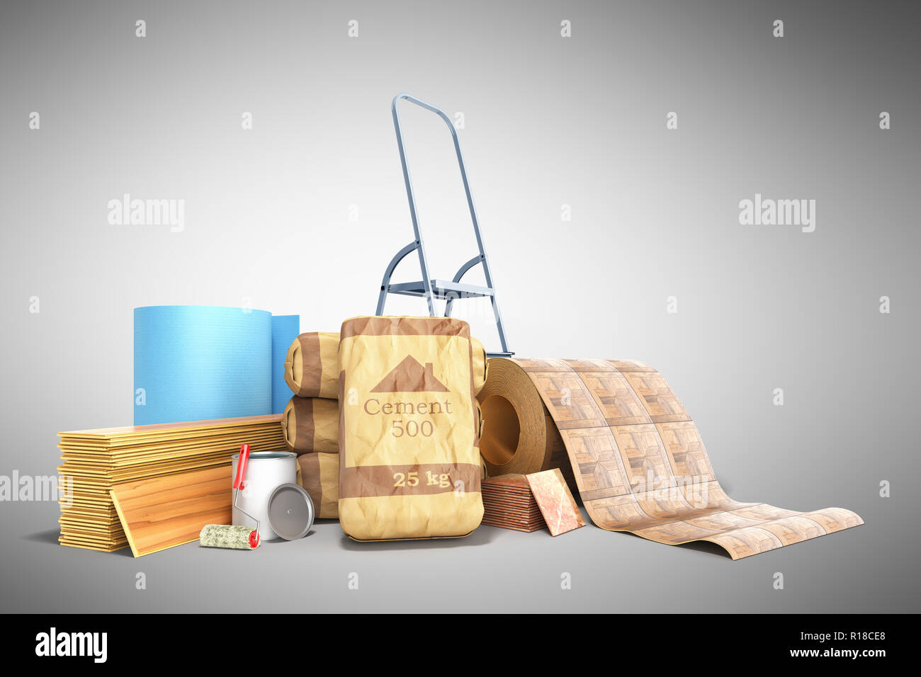Concept of repair work Construction materials isolated on white 3D ...