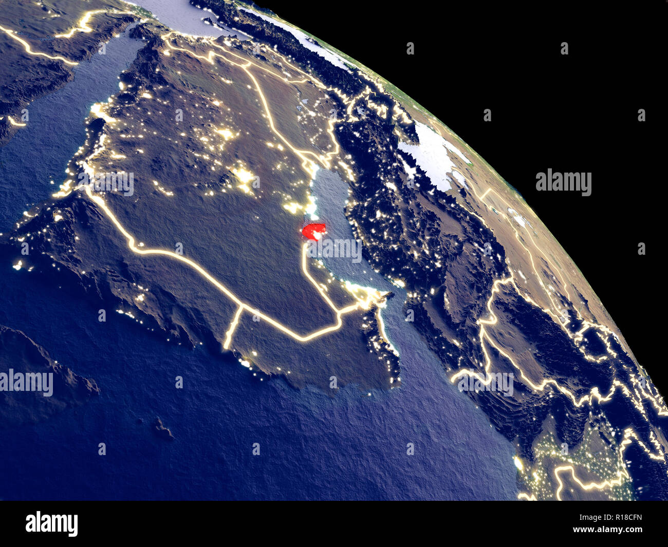 Qatar at night from orbit. Plastic planet surface with visible city ...