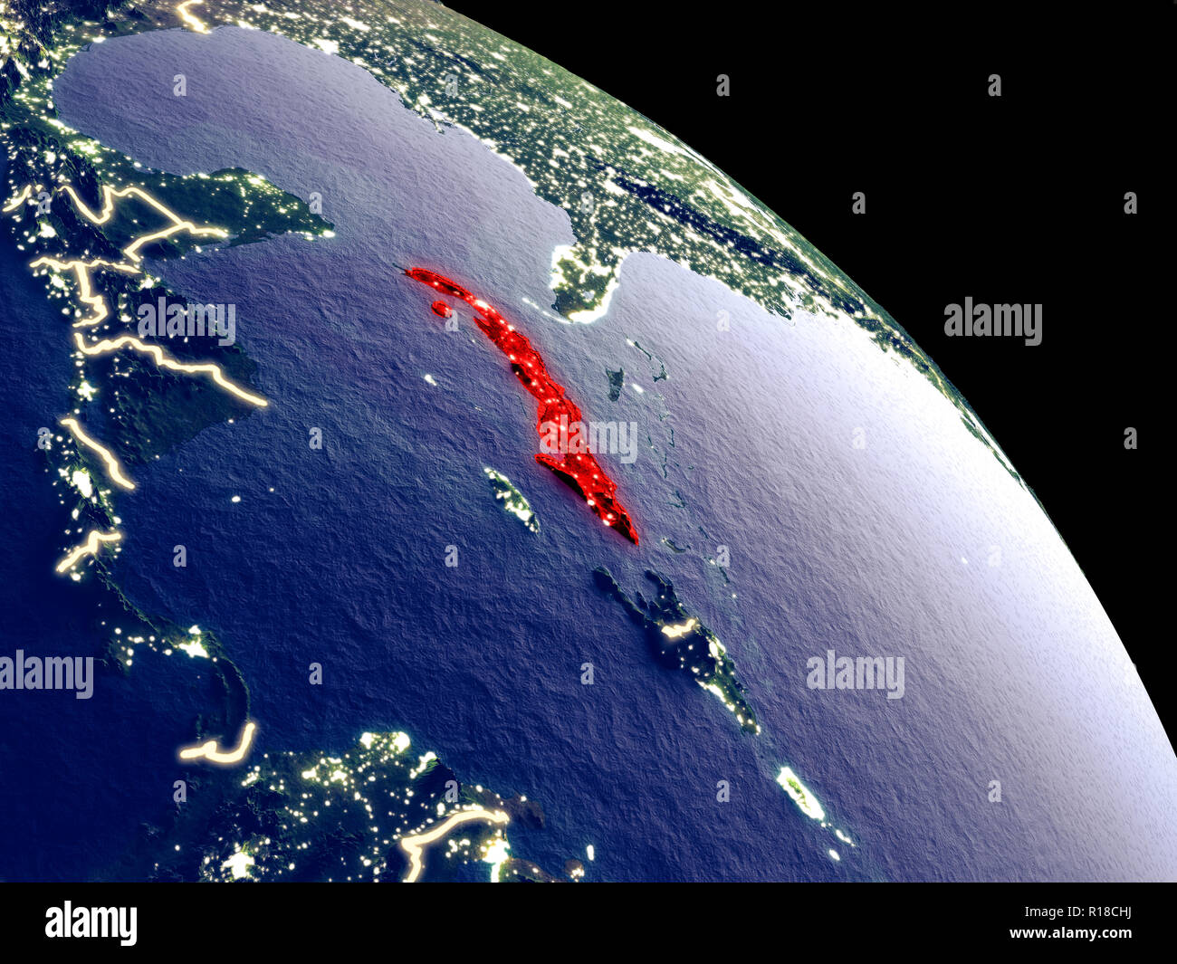Cuba at night from orbit. Plastic planet surface with visible city ...
