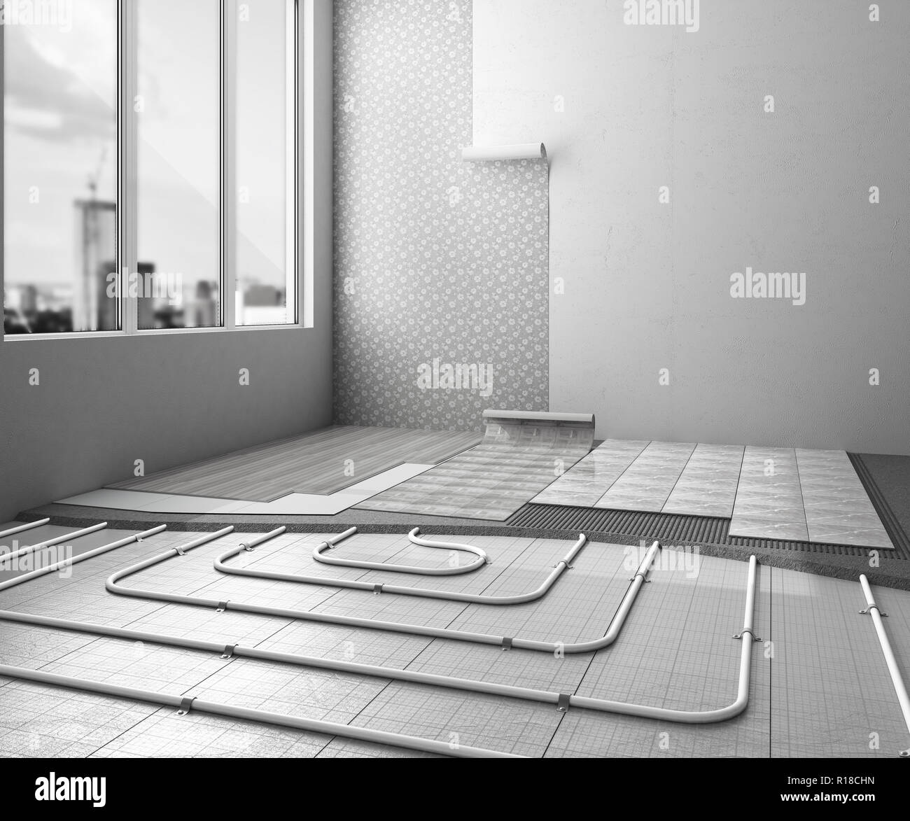 The concept of internal repair work. Room with a warm floor and ...