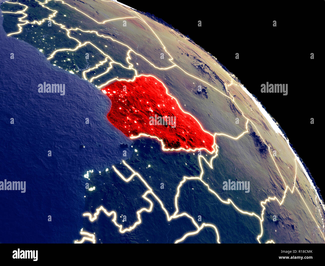 Nigeria at night from orbit. Plastic planet surface with visible city ...