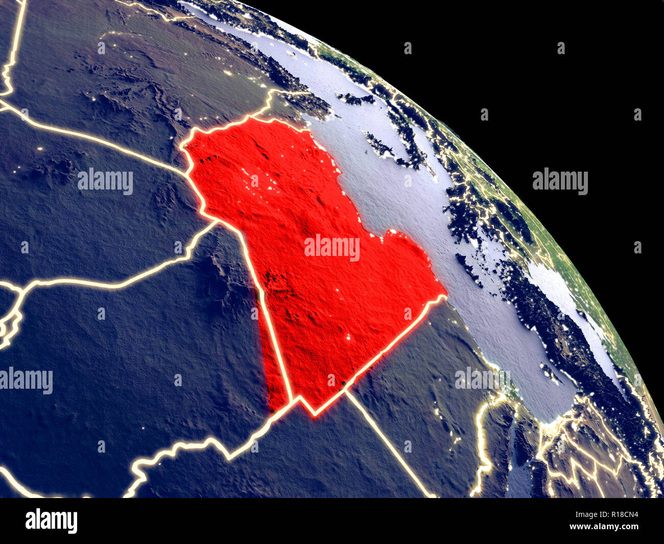 Libya at night from orbit. Plastic planet surface with visible city ...