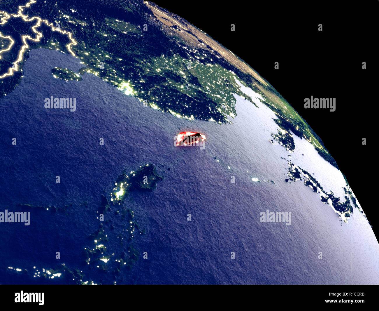 Taiwan at night from orbit. Plastic planet surface with visible city ...
