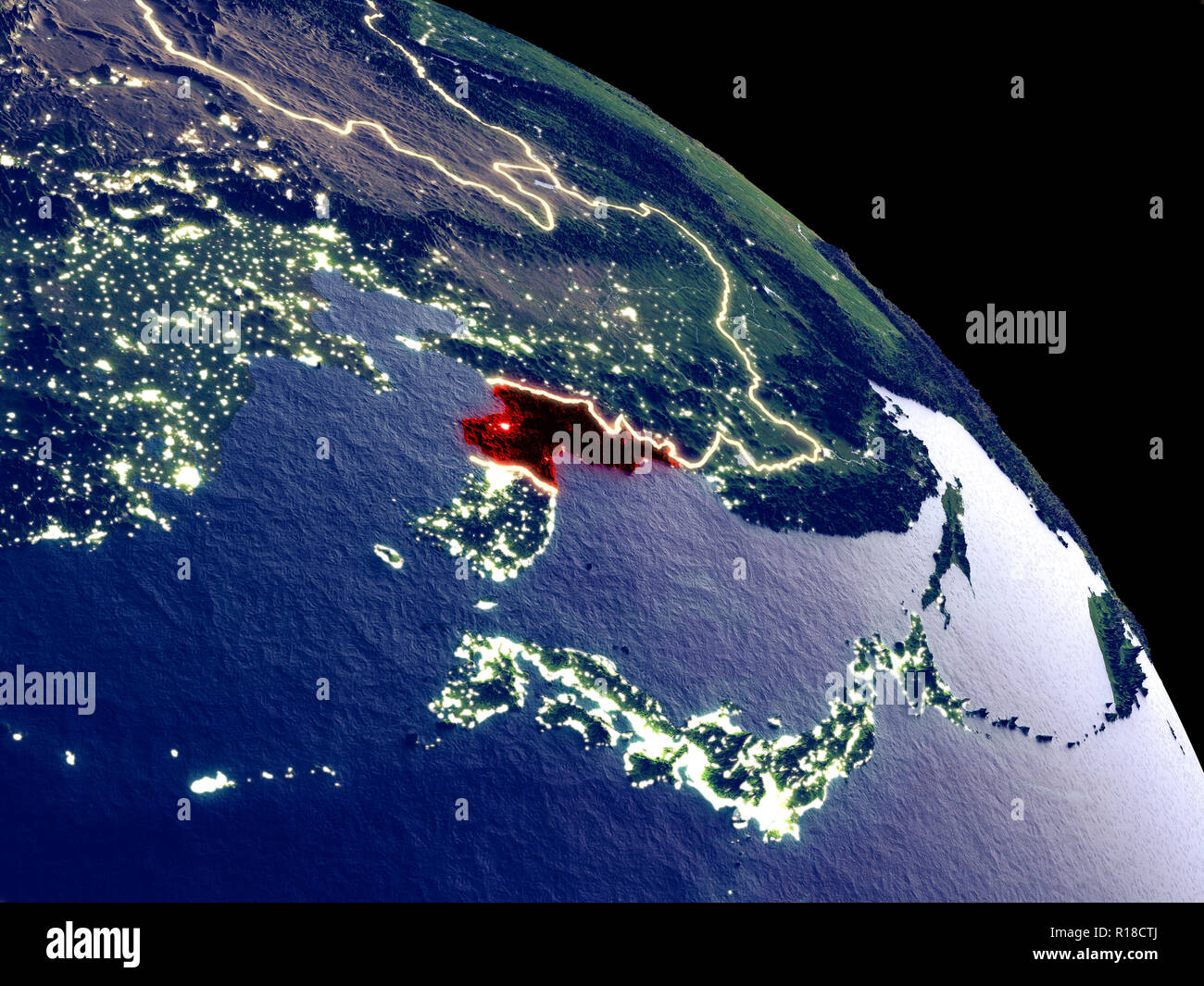 North Korea at night from orbit. Plastic planet surface with visible ...