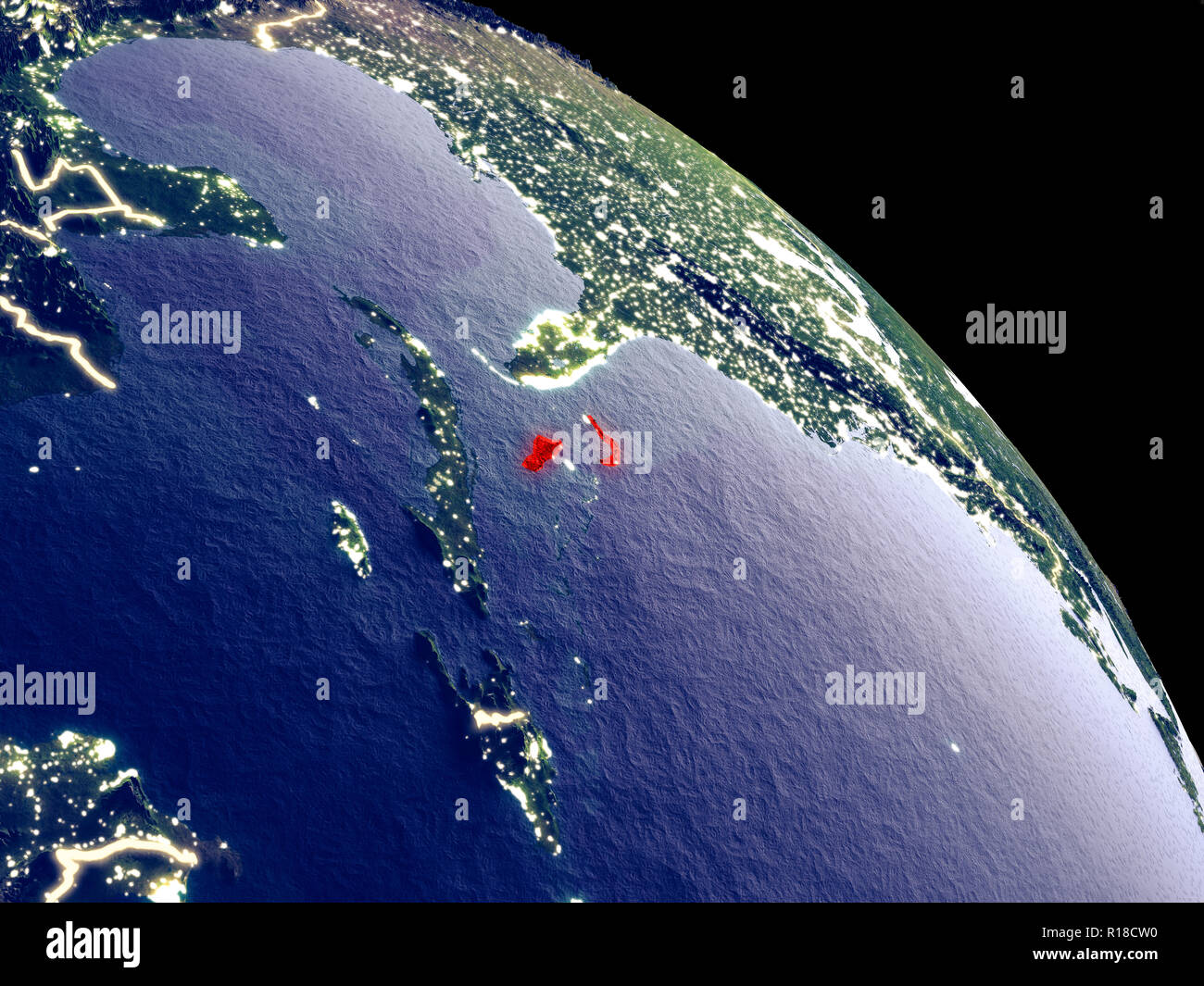 Bahamas at night from orbit. Plastic planet surface with visible city ...