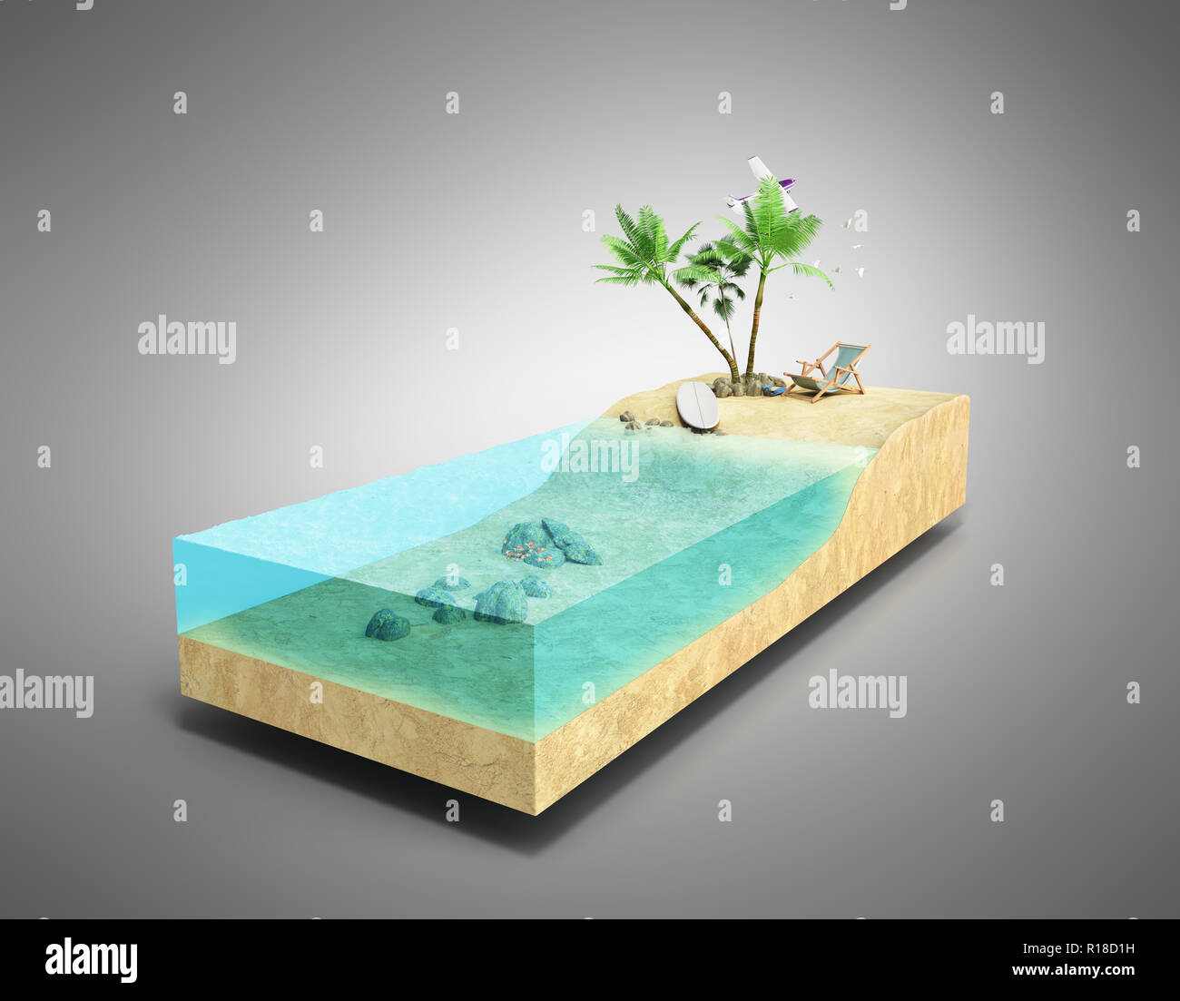 Piece of tropical island with water and palms on a beach in cross ...