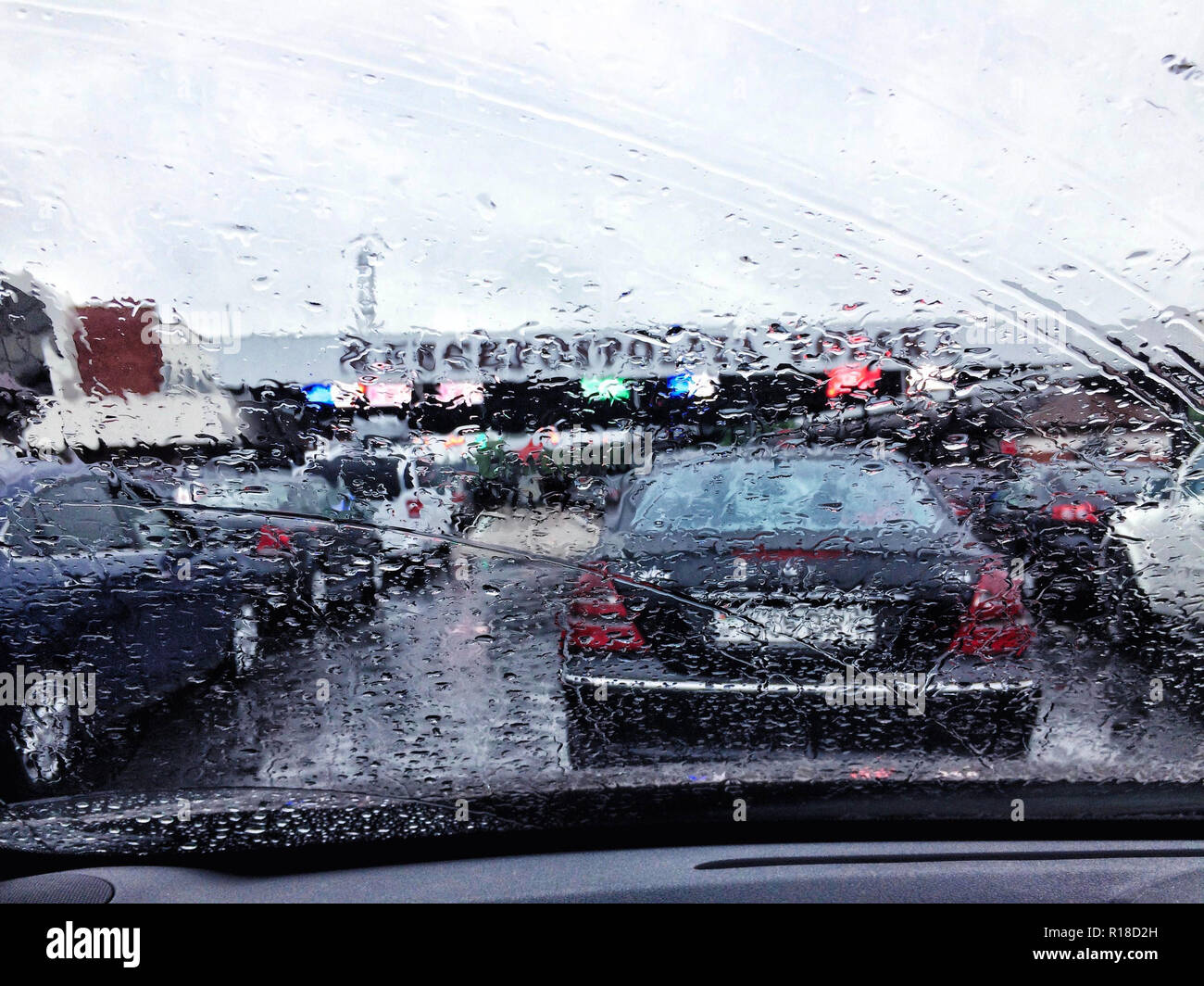 Road view through car window with rain drops, Driving in rain Stock ...