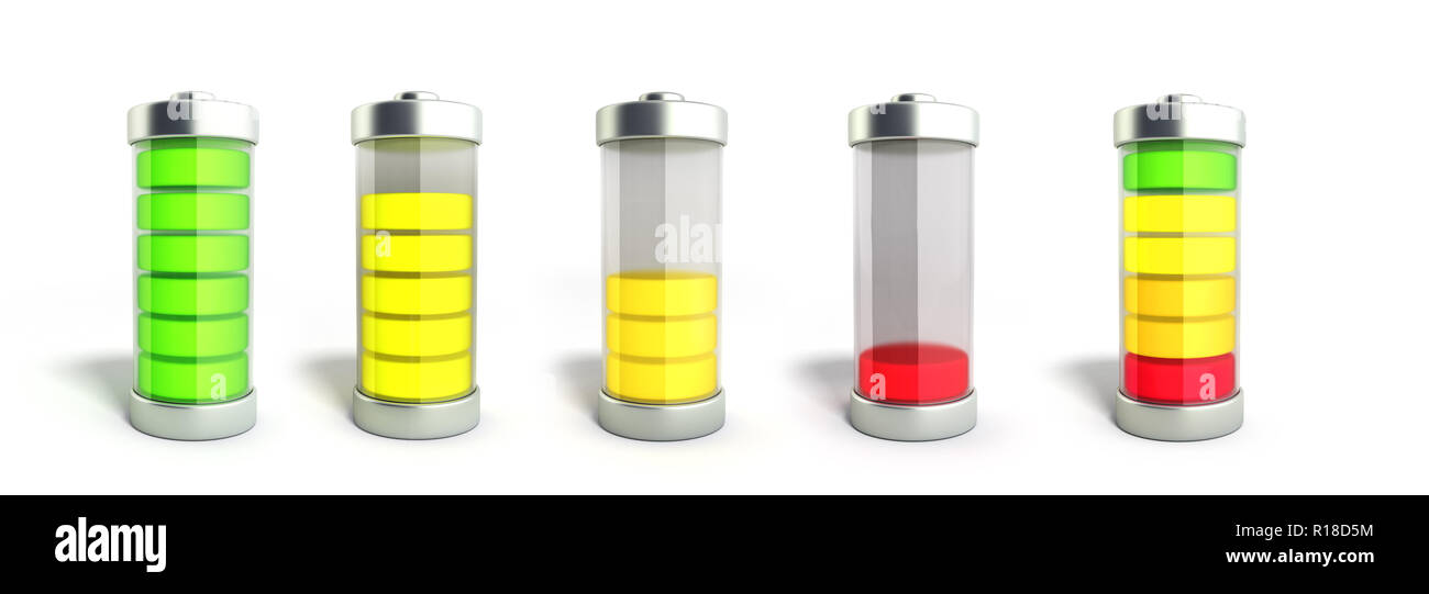 Battery charging collection Battery charge level indicators on white 3d ...
