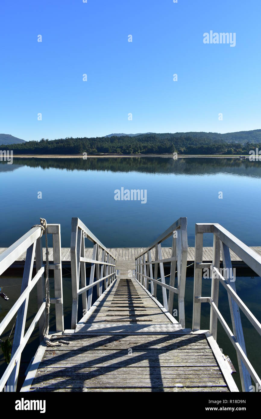 Wood pier and stairs in a bay with water reflections. Forest and beach ...
