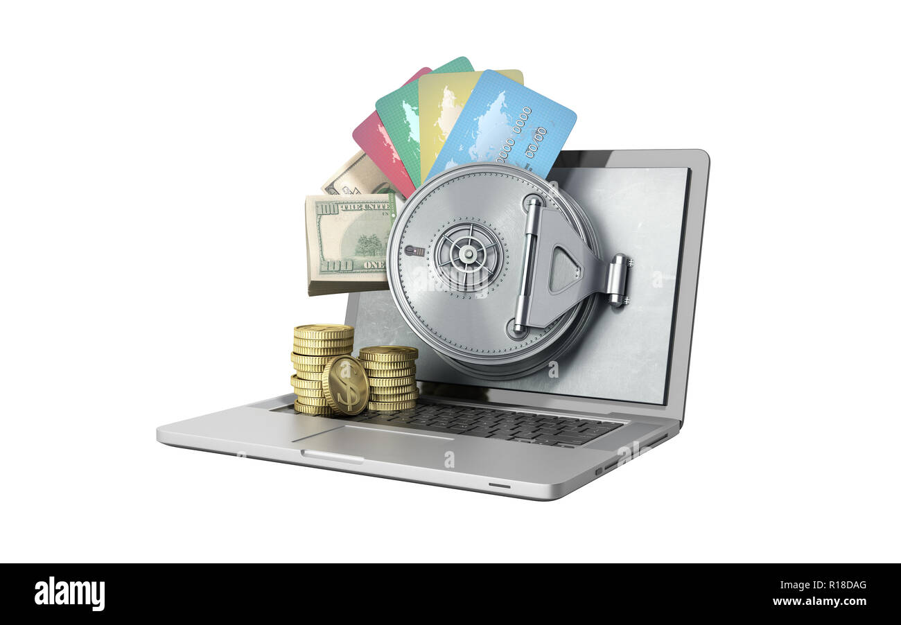 The concept of a secure online banking Money and cards behind the open ...