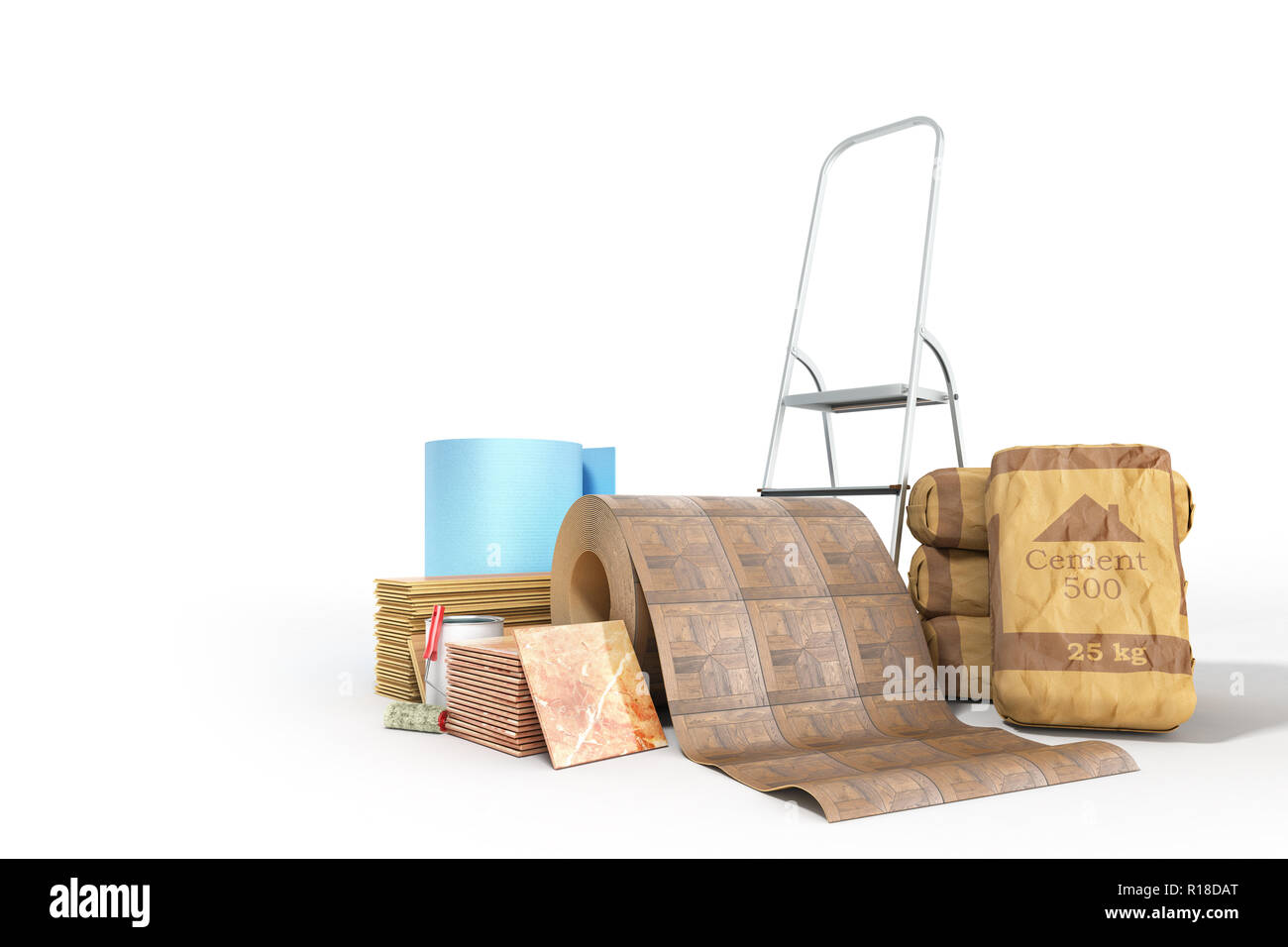 Concept of repair work Construction materials isolated on white 3D ...