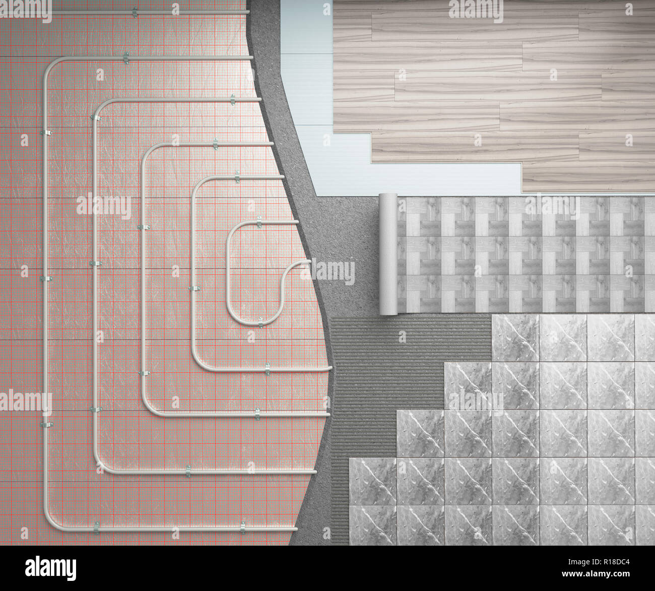 Concept of a warm floor The heating system is laid on the floor with ...