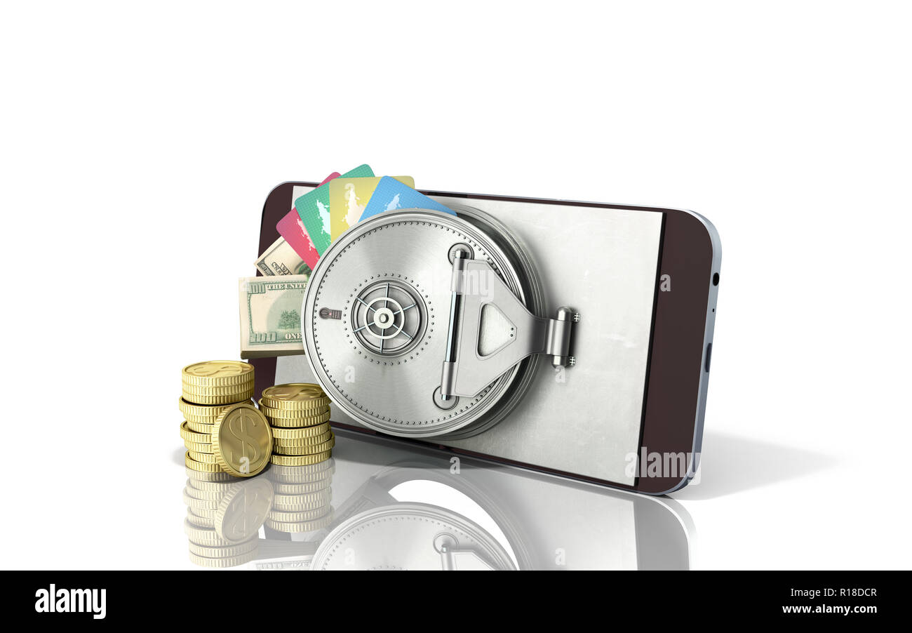 mobile banking concept mobile phone with money dollar stacks coins and ...