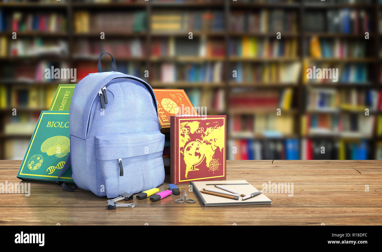 Blue backpack with school supplies 3d render in library Stock Photo - Alamy