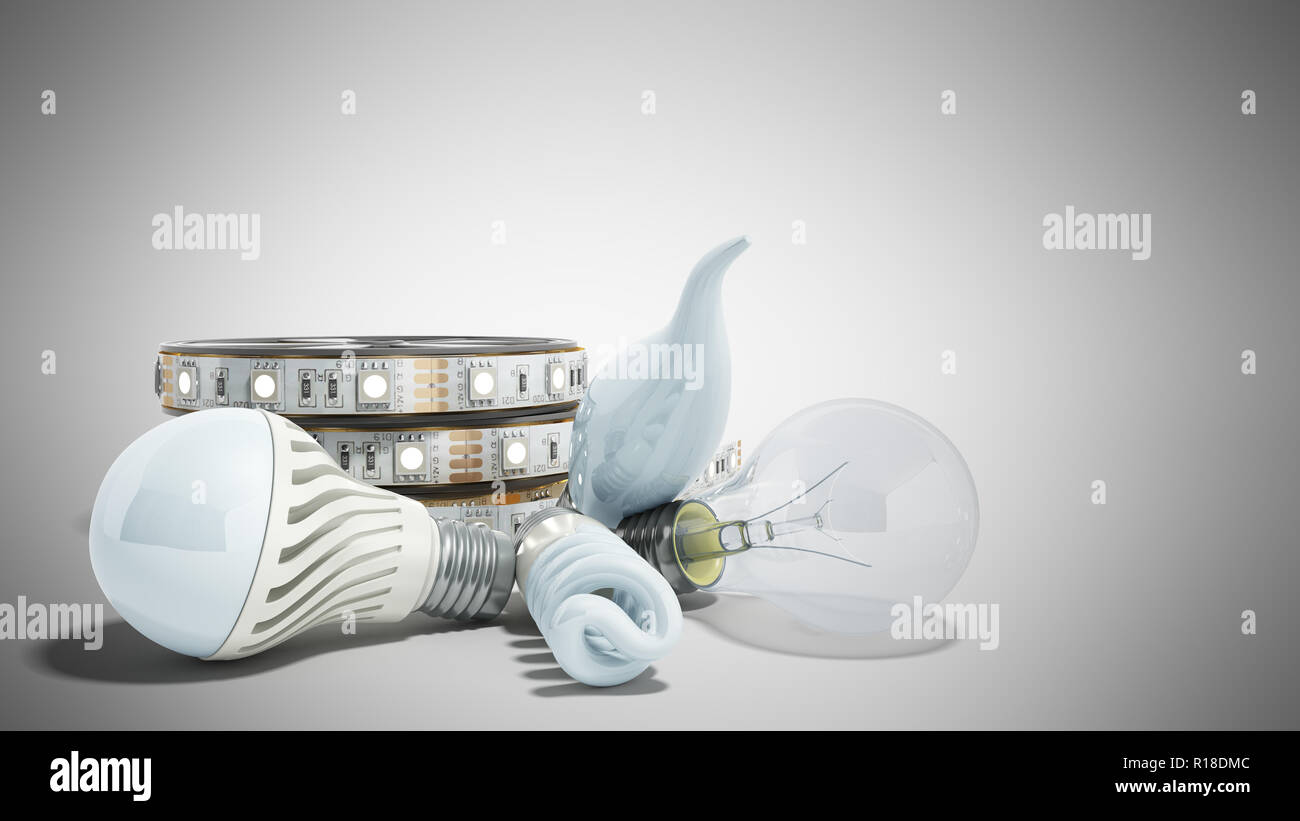 different Lighting Bulbs set 3d render on grey background Stock Photo ...