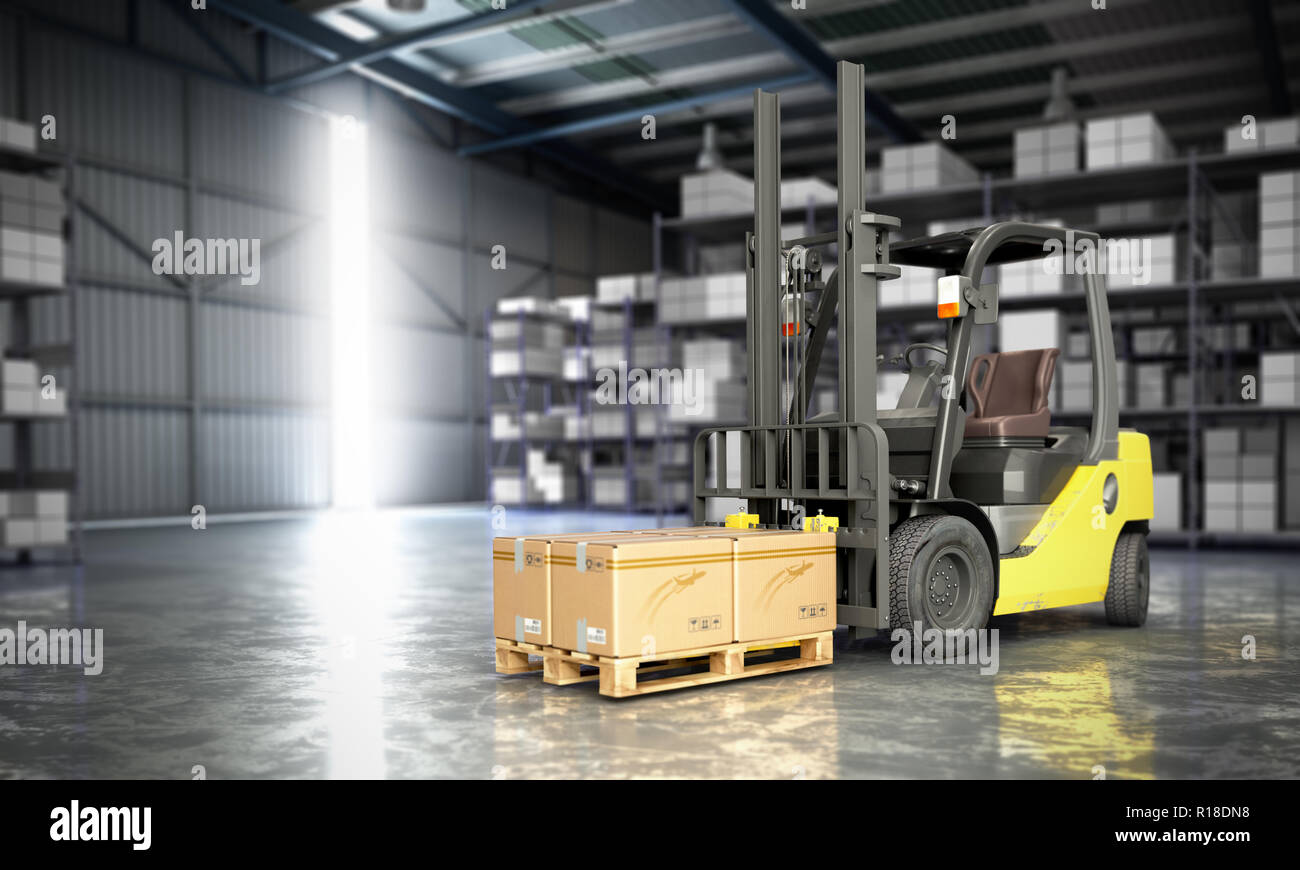 Concept of warehouse The forklift in the big warehouse delivery ...