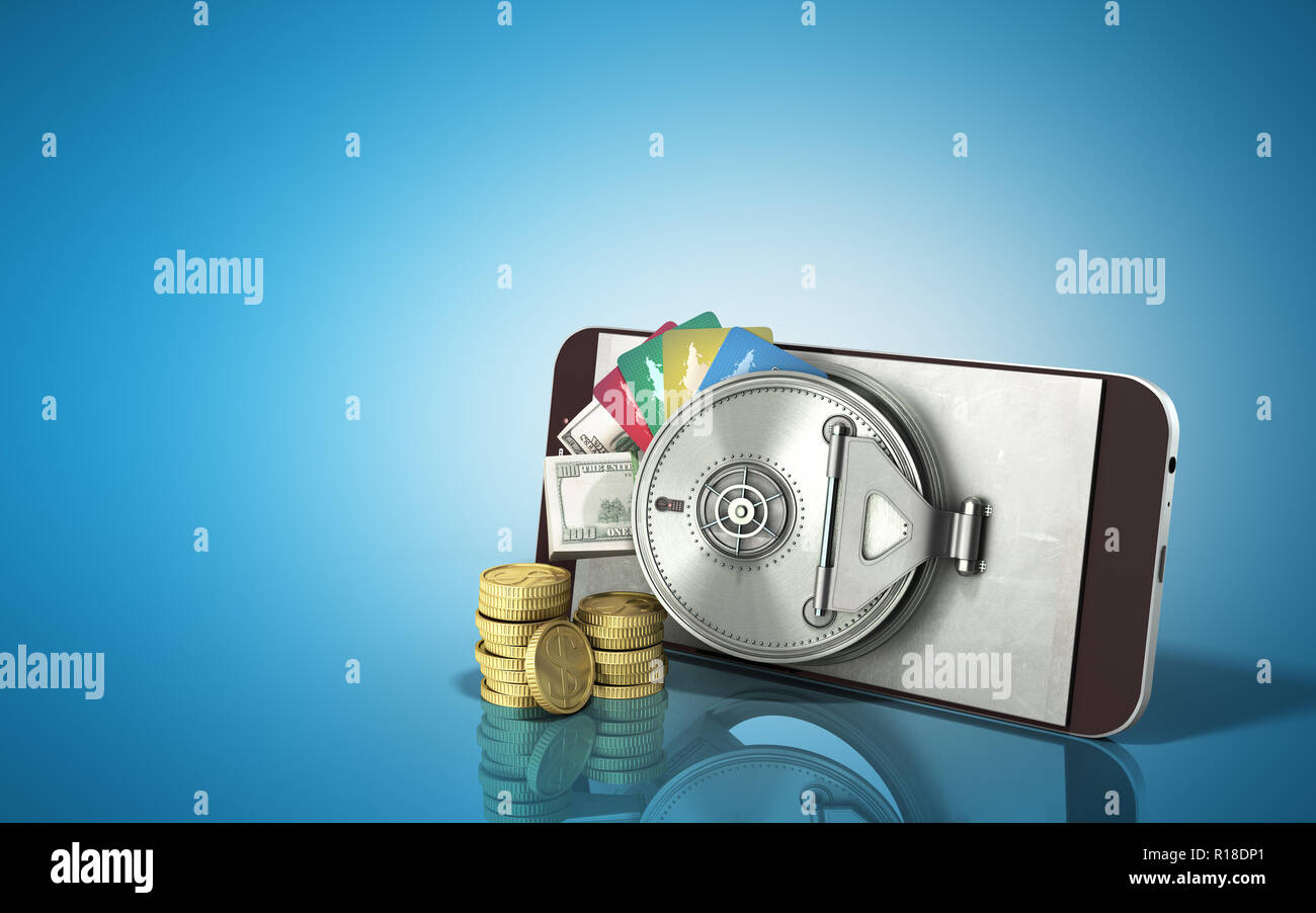 mobile banking concept mobile phone with dollar stacks coins and credit ...