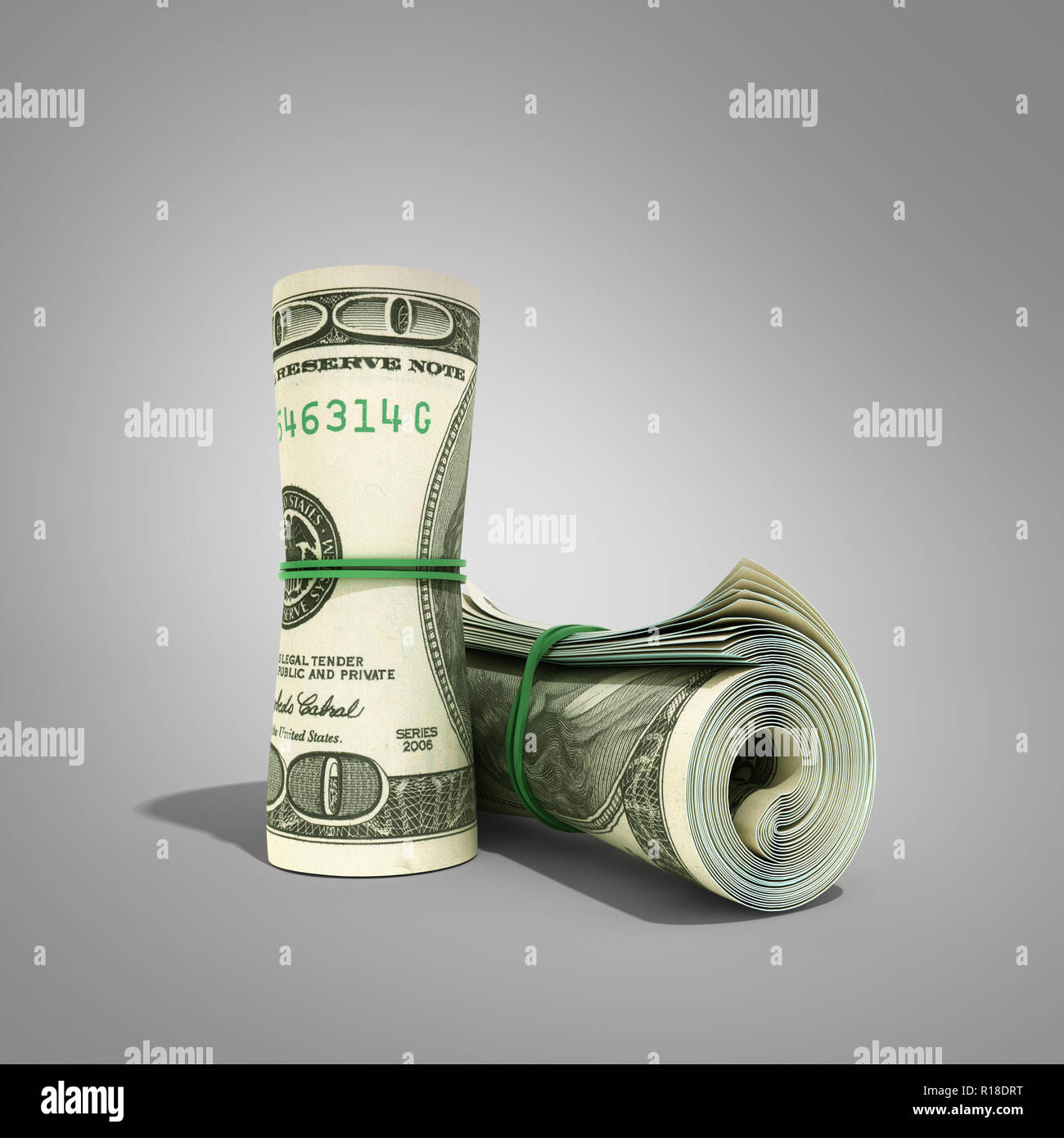 money hundred dollars bill rol colection 3d render on grey Stock Photo ...