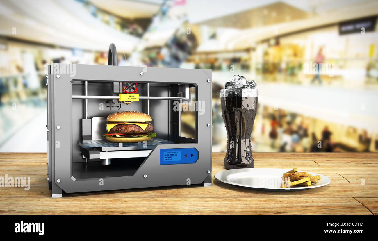 3D printer print burger 3d render Success food mace concept Stock Photo ...