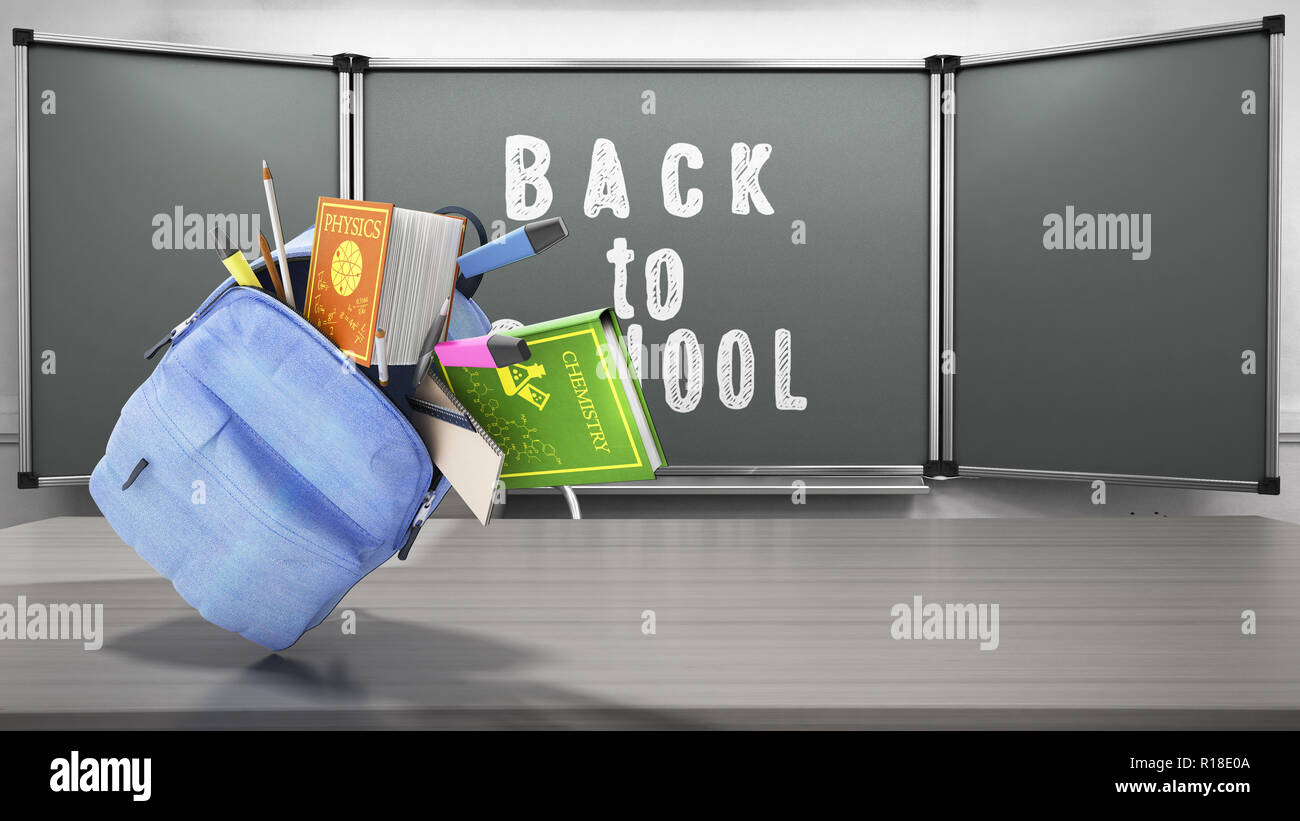 Blue backpack with school supplies 3d render back to school background ...