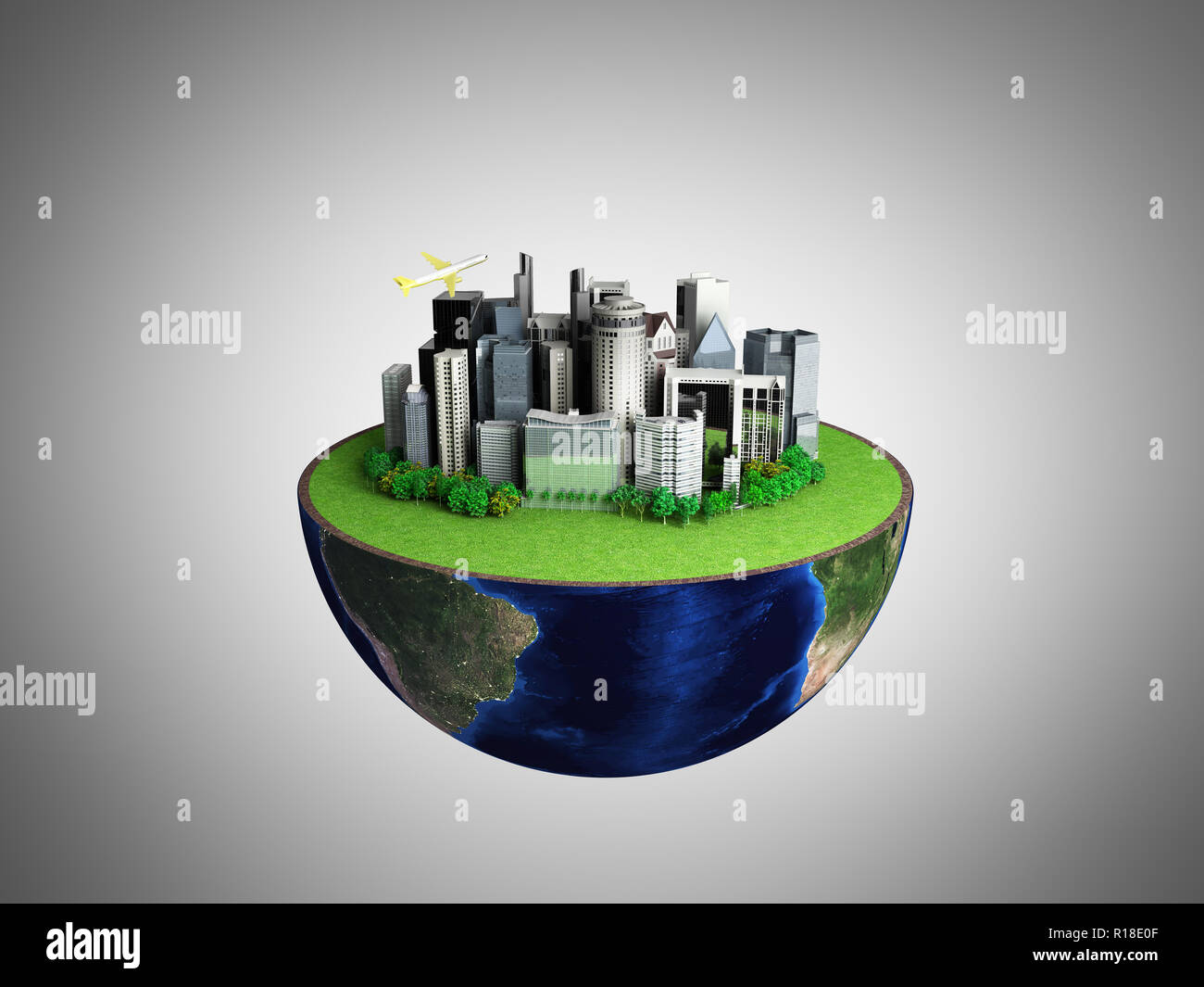 Urbanization concept with globe and city on abstract grey background 3D ...