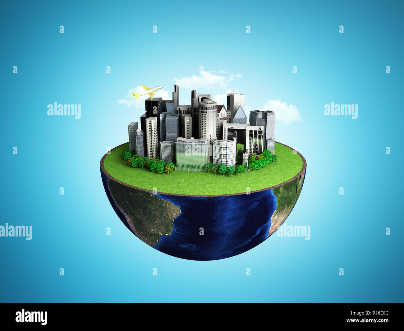 Urbanization concept with globe and city on abstract blue background 3D ...