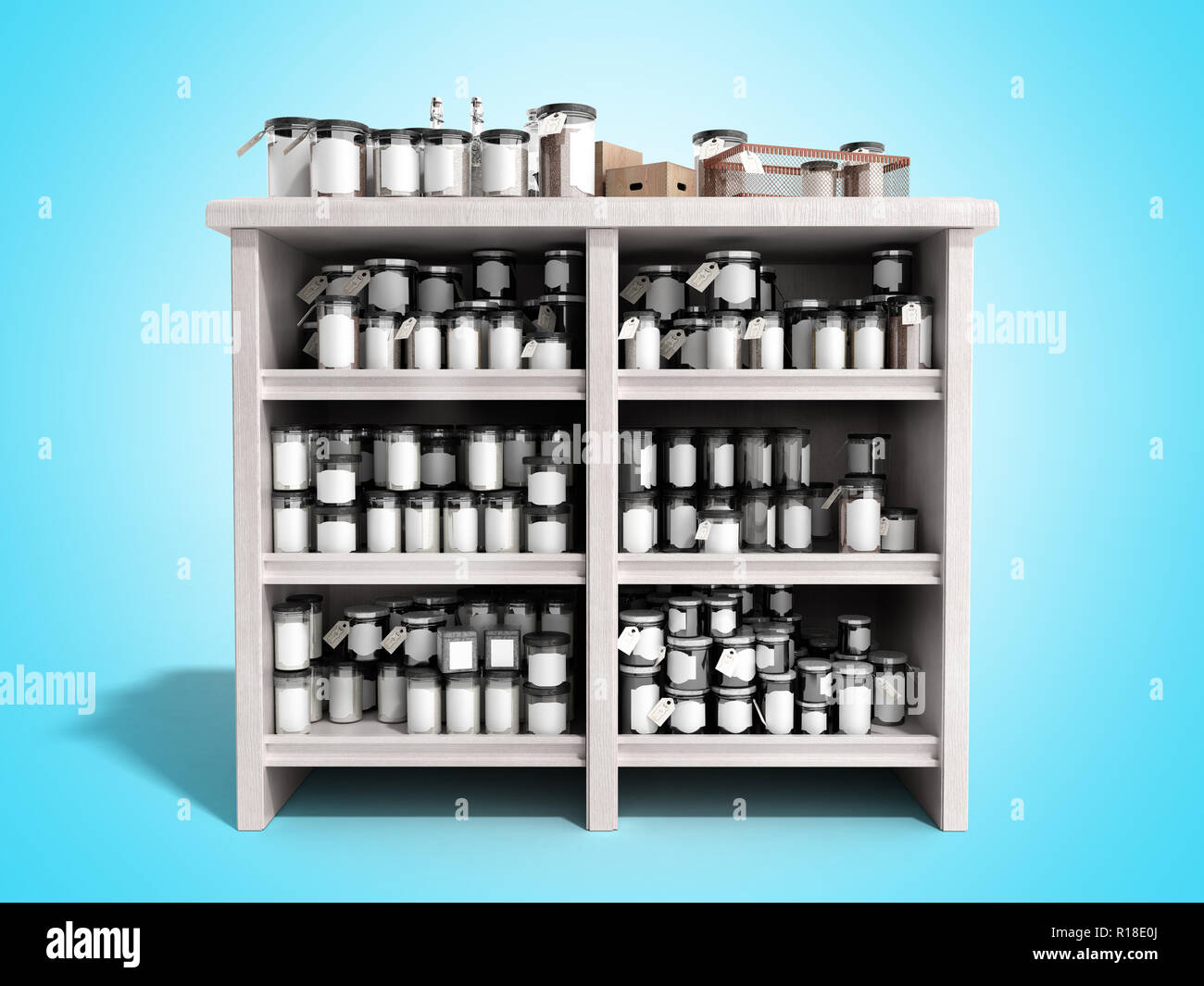 trading table with jars 3d render on blue background Stock Photo - Alamy