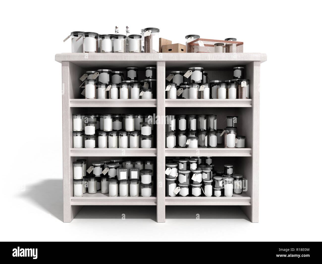 trading table with jars 3d render on white background Stock Photo - Alamy