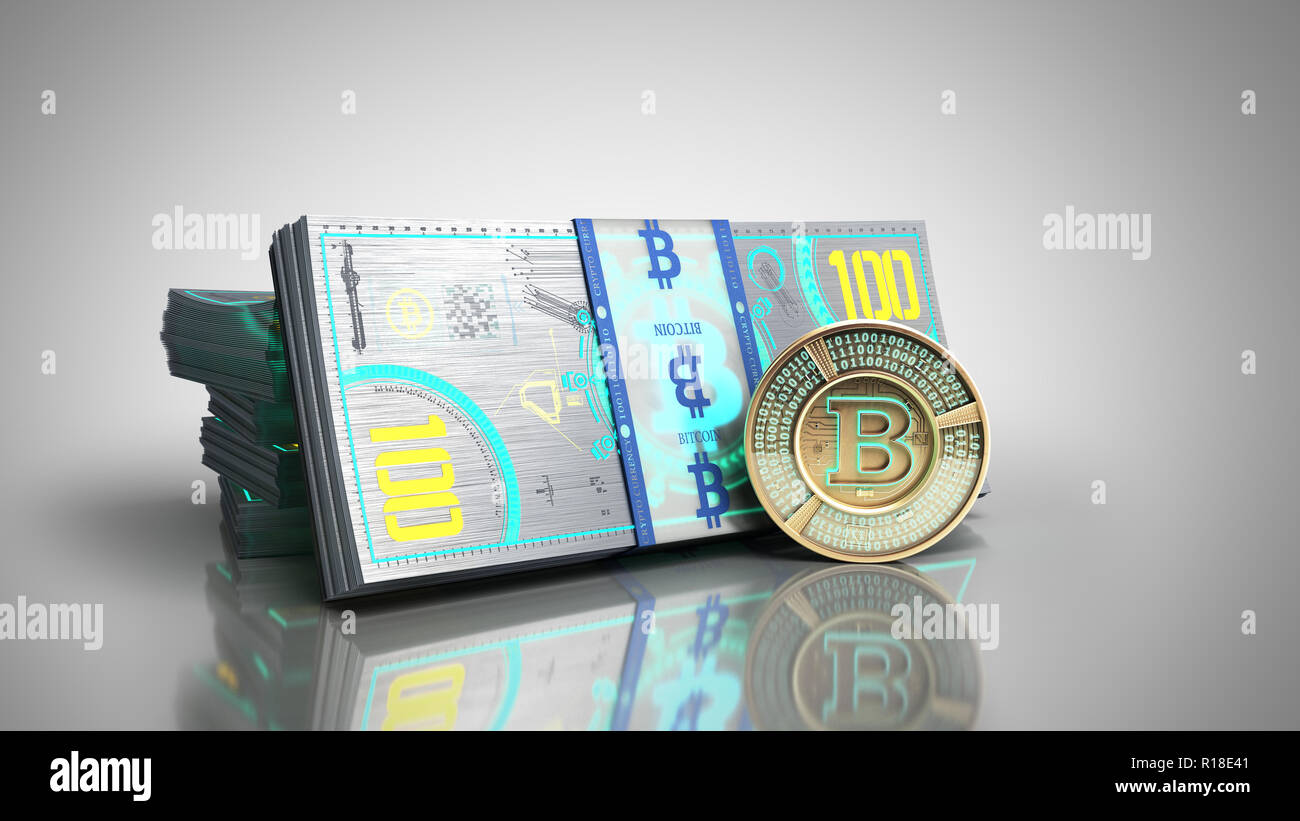 concept of bitcoin banknote and monet virtual money bills 3d render on ...