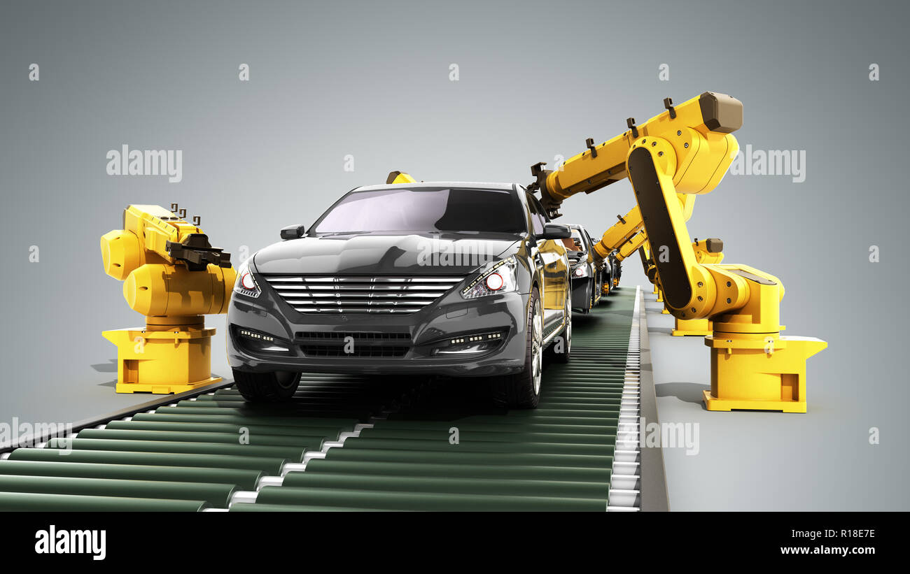 robot assembly line in car factory 3d render on grey Stock Photo - Alamy