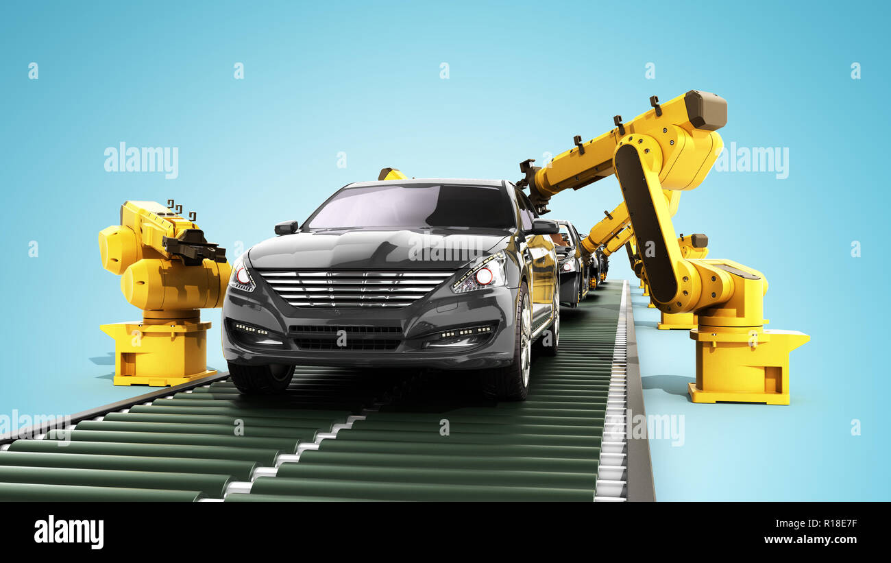 robot assembly line in car factory 3d render on blue Stock Photo - Alamy