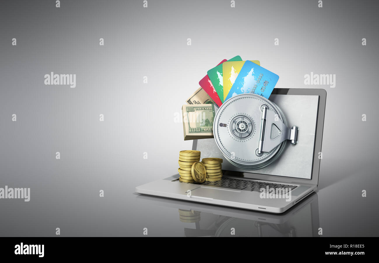 The concept of a secure online banking Money and cards behind the open ...