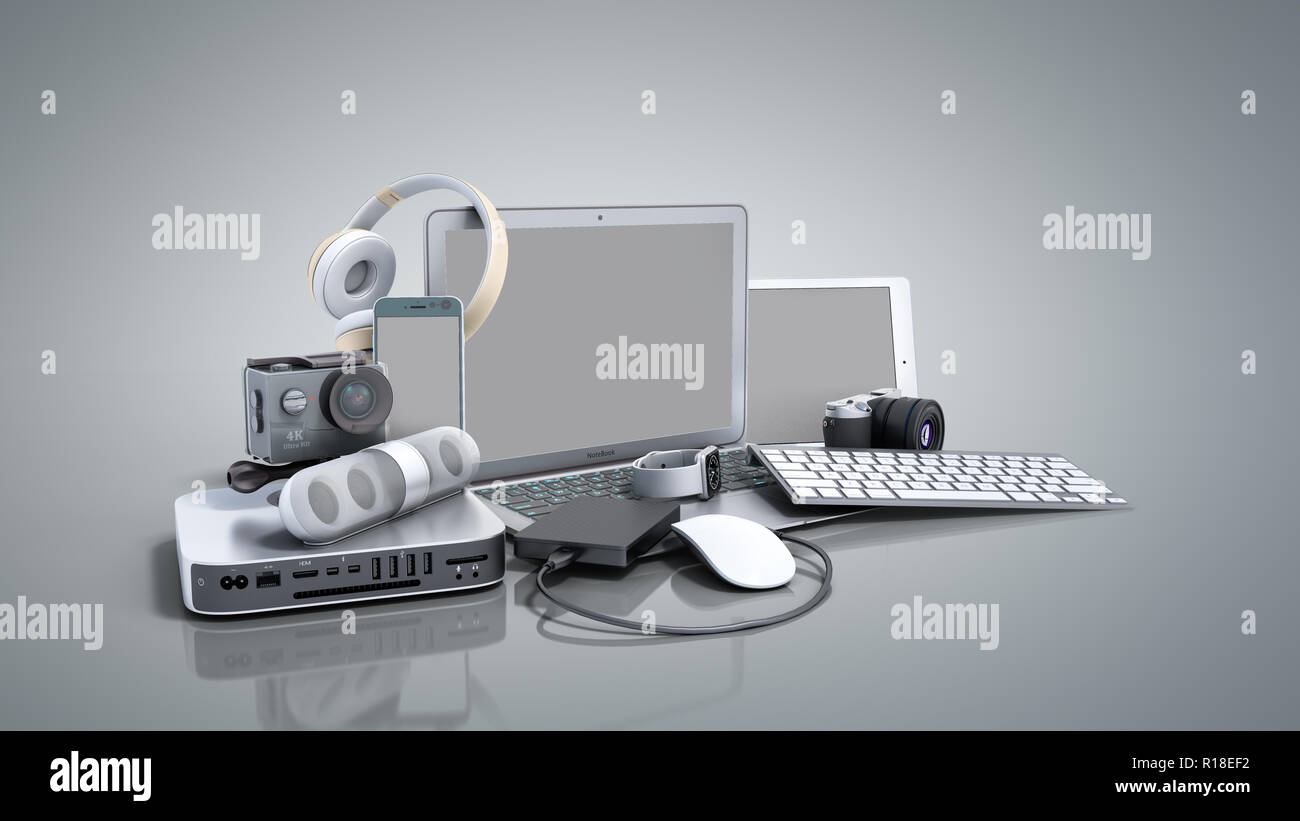 collection of consumer electronics 3D render on grey background Stock ...