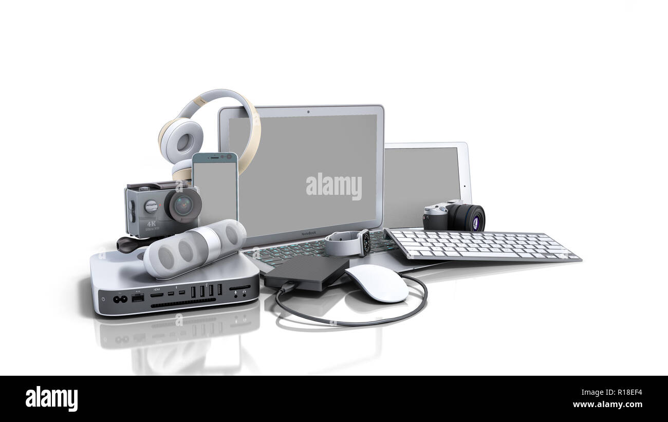 collection of consumer electronics 3D render on white background Stock ...