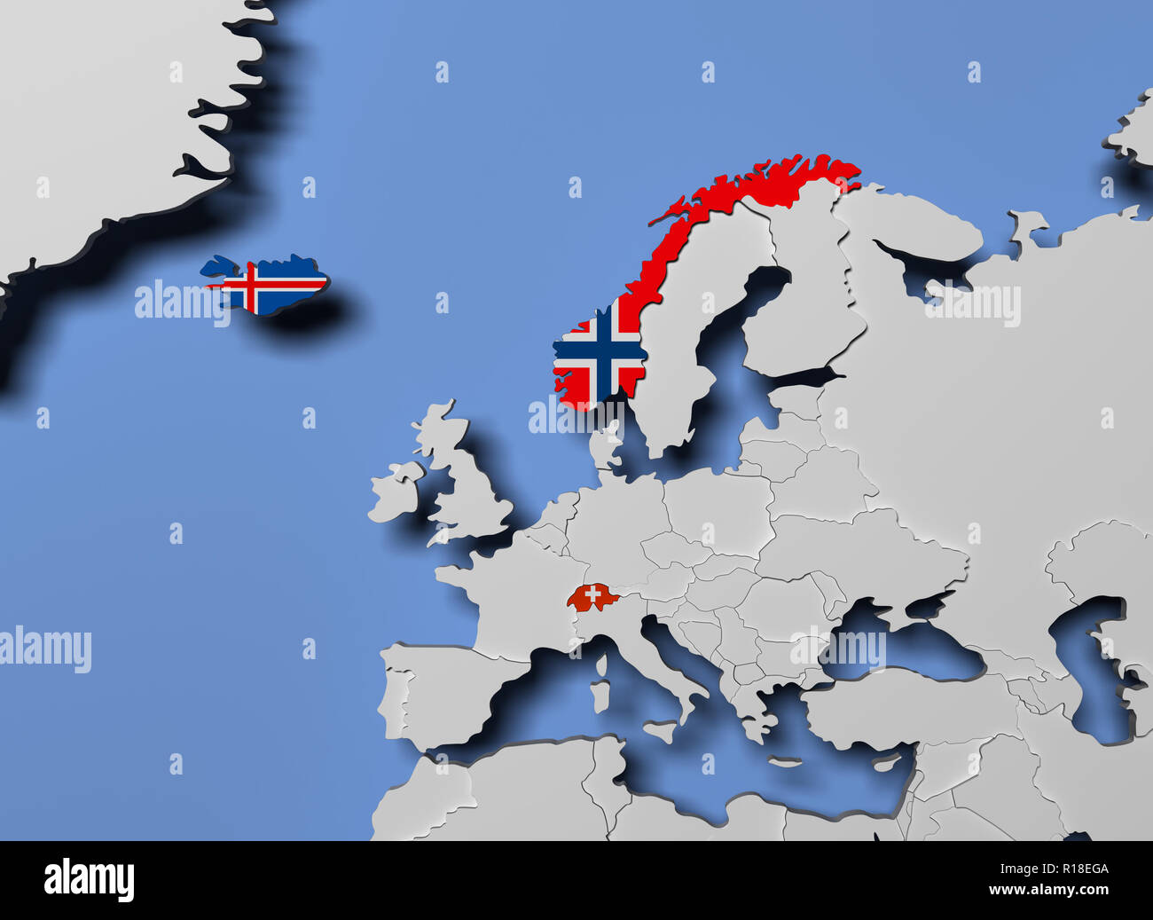 European Free Trade Association EFTA 3d render in map Stock Photo - Alamy