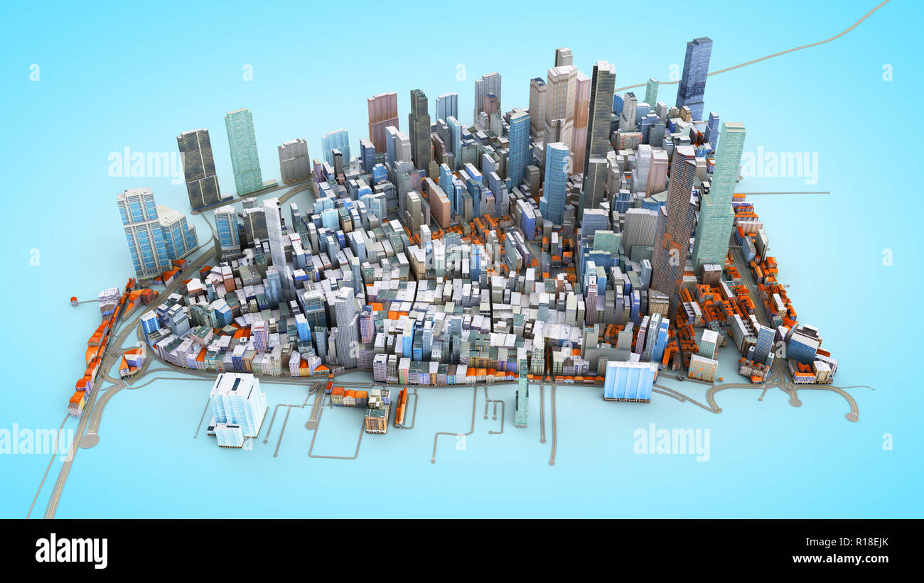 Architectural 3D model illustration of a large city on a blue ...