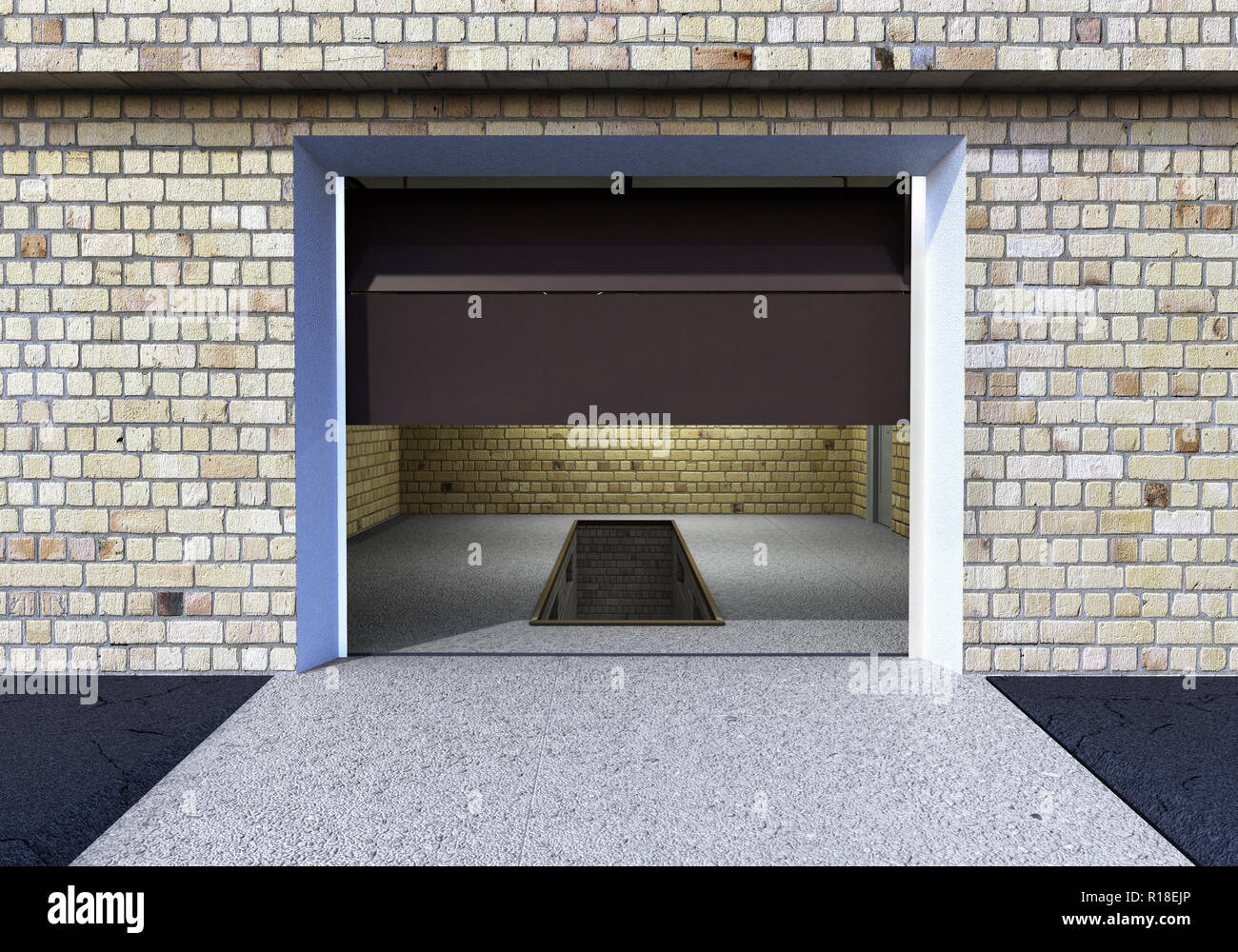 Front View of a Garage 3D Interior with Opened Roller Door 3D Rendering ...
