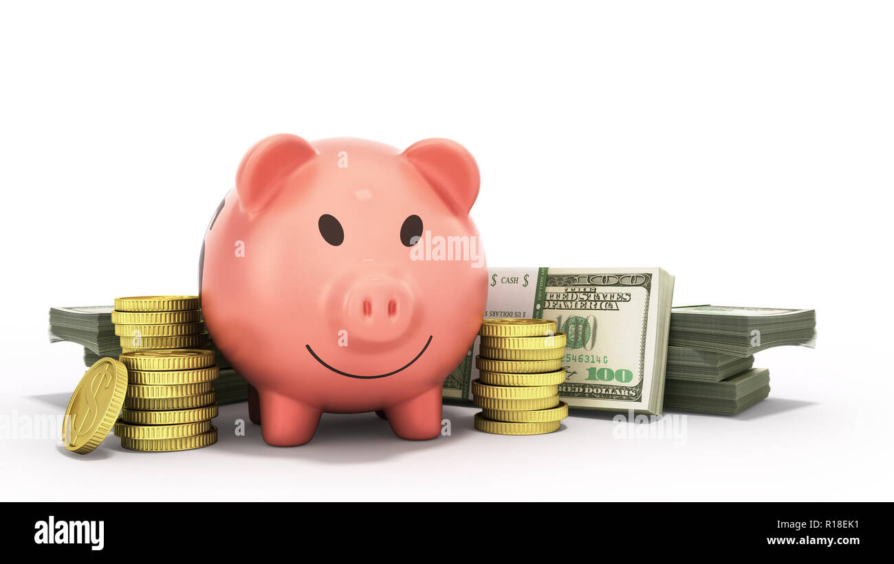 concept of savings money pig dollar bills in stacks 3d render on white ...