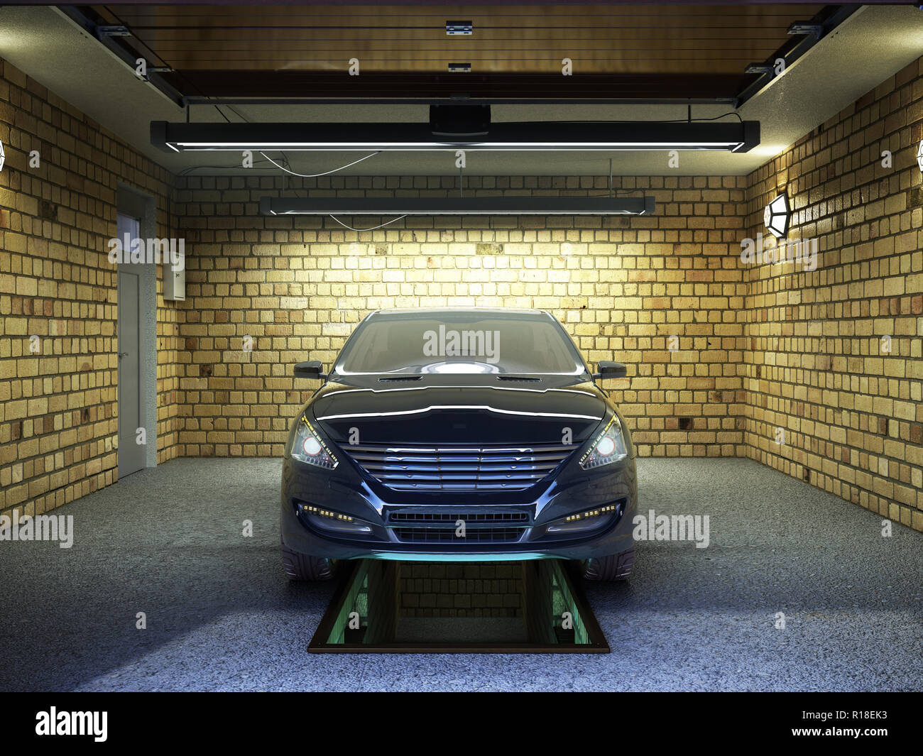 Front View of a Garage with a car 3D Interior with Opened Roller Door ...