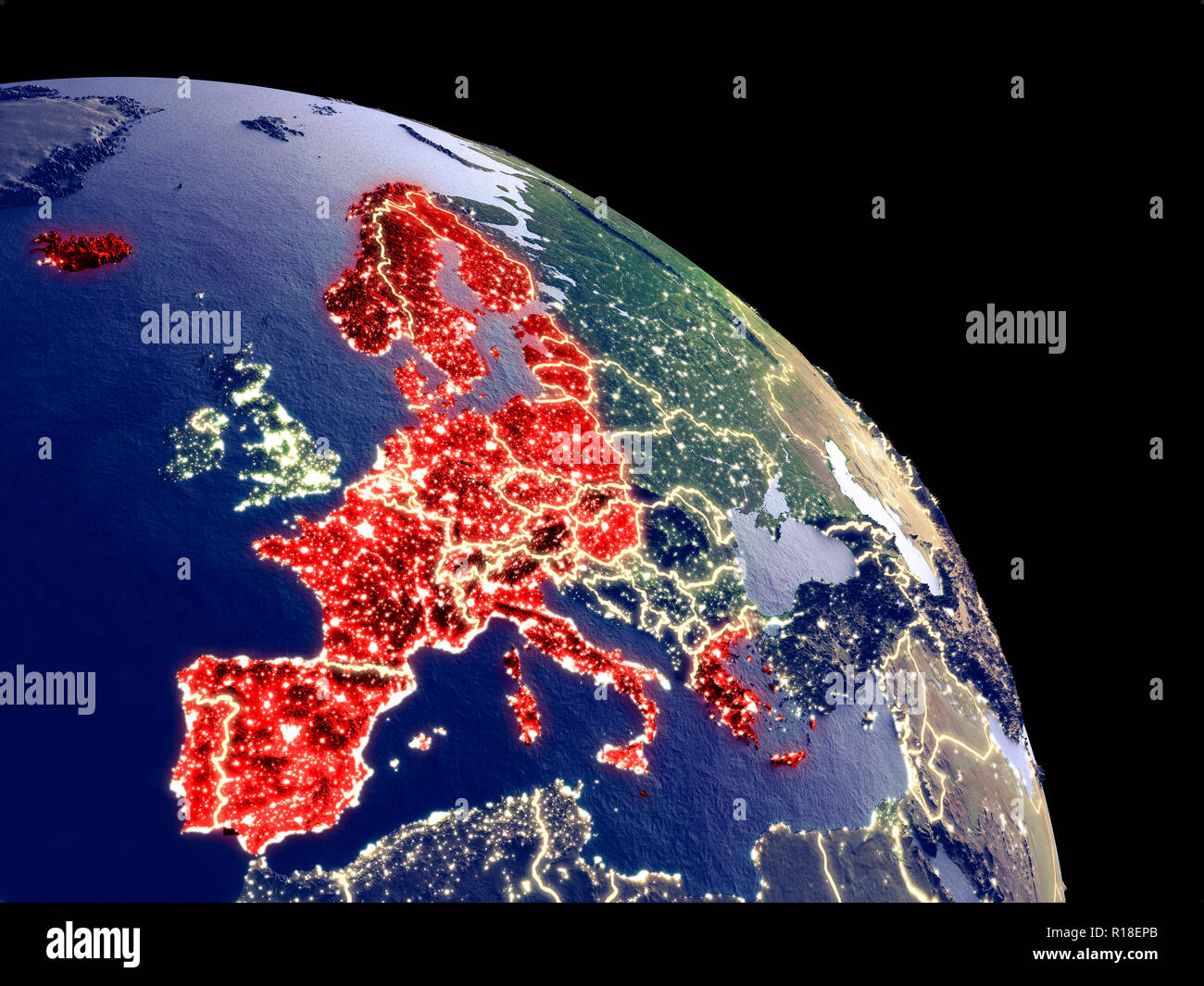 Schengen Area members at night from orbit. Plastic planet surface with ...